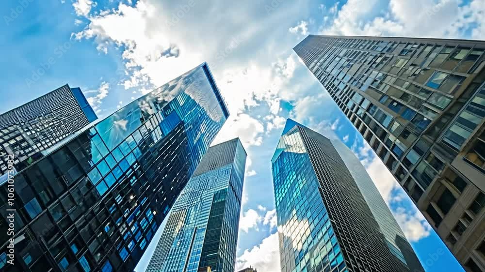tall skyscrapers city seen cloudy below sunny building urban ...