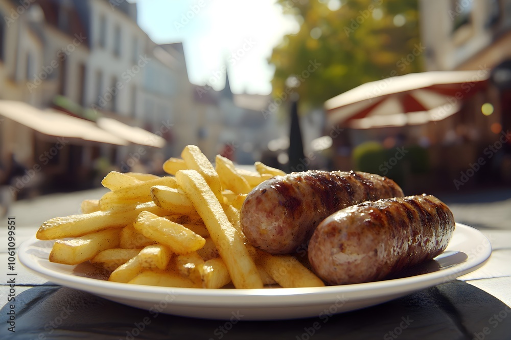 lose-up of two Fricadelles on crispy French fries, served on a simple ...