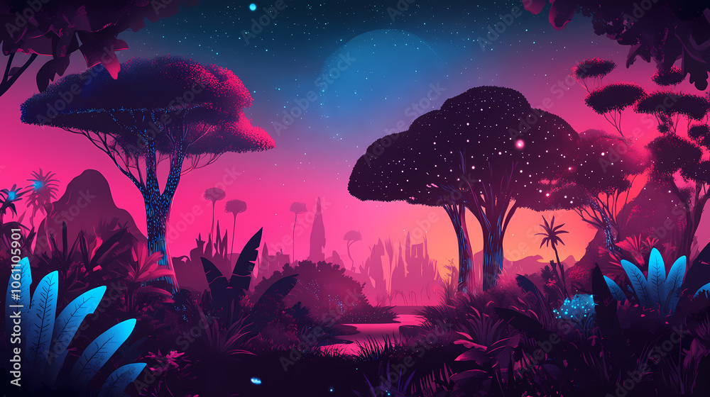 Ethereal alien jungle with enigmatic bioluminescent trees and exotic ...