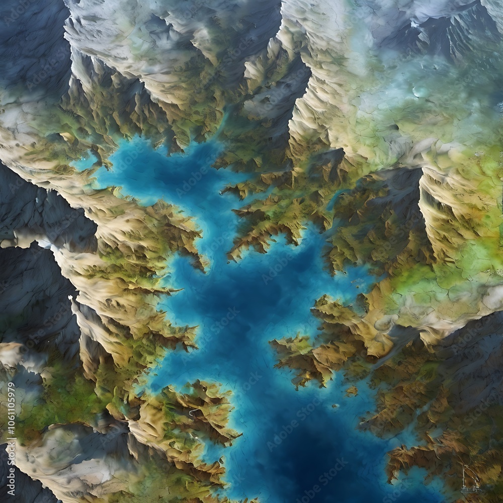 Abstract, surreal landscape map with labeled regions like 'Inner Peace ...