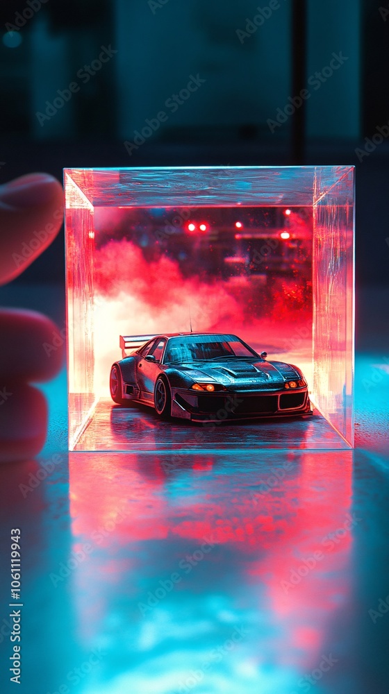 A candid photo of a diorama enclosed in a transparent polymer cube ...