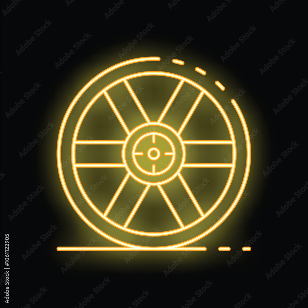 Yellow neon sign of a simple wheel with spokes rolling on black ...
