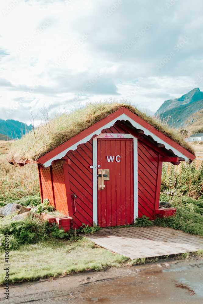 Close up of a wooden public toilet (WC) in shape of a traditional ...