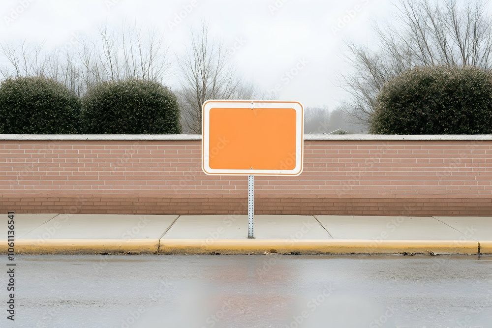 Blank Orange Sign On Brick Wall With Yellow Curb And Wet Road, street ...