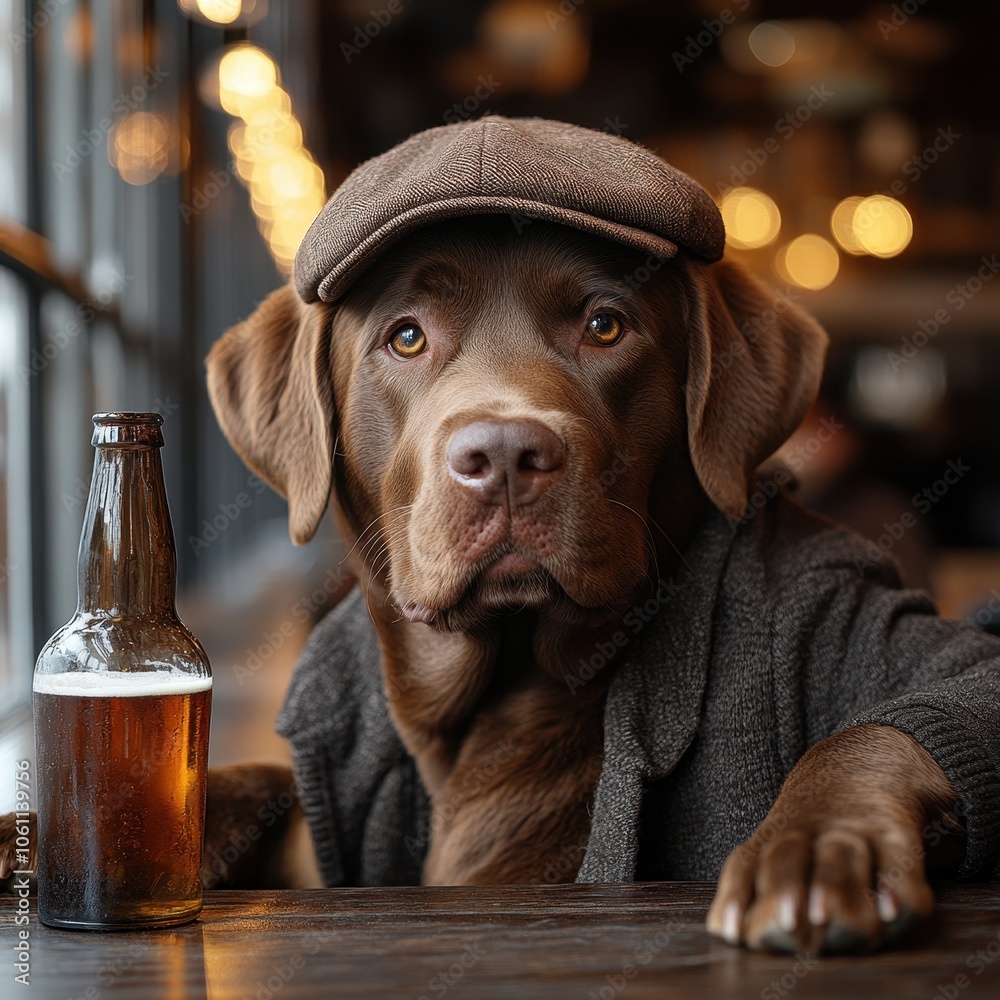Chocolate Labrador in an Elegant Cap Enjoying Beer at His Favorite Pub ...
