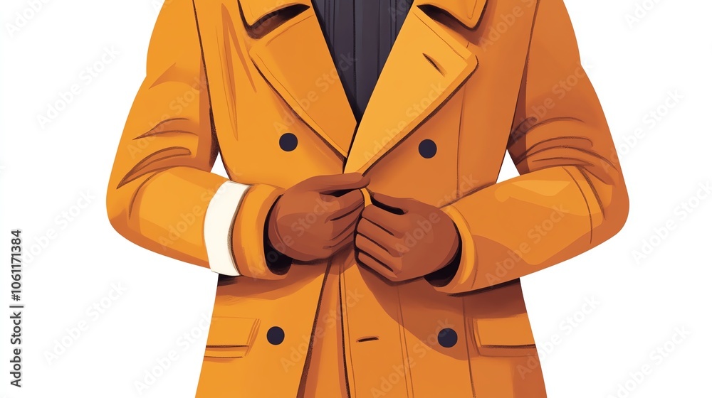 a 2D cartoon illustration of a person buttoning up a stylish coat, warm ...
