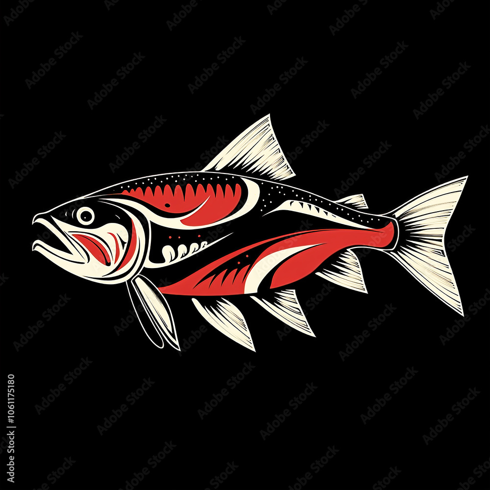 Traditional Inuit Haida folk art of a stylized salmon in textured black ...