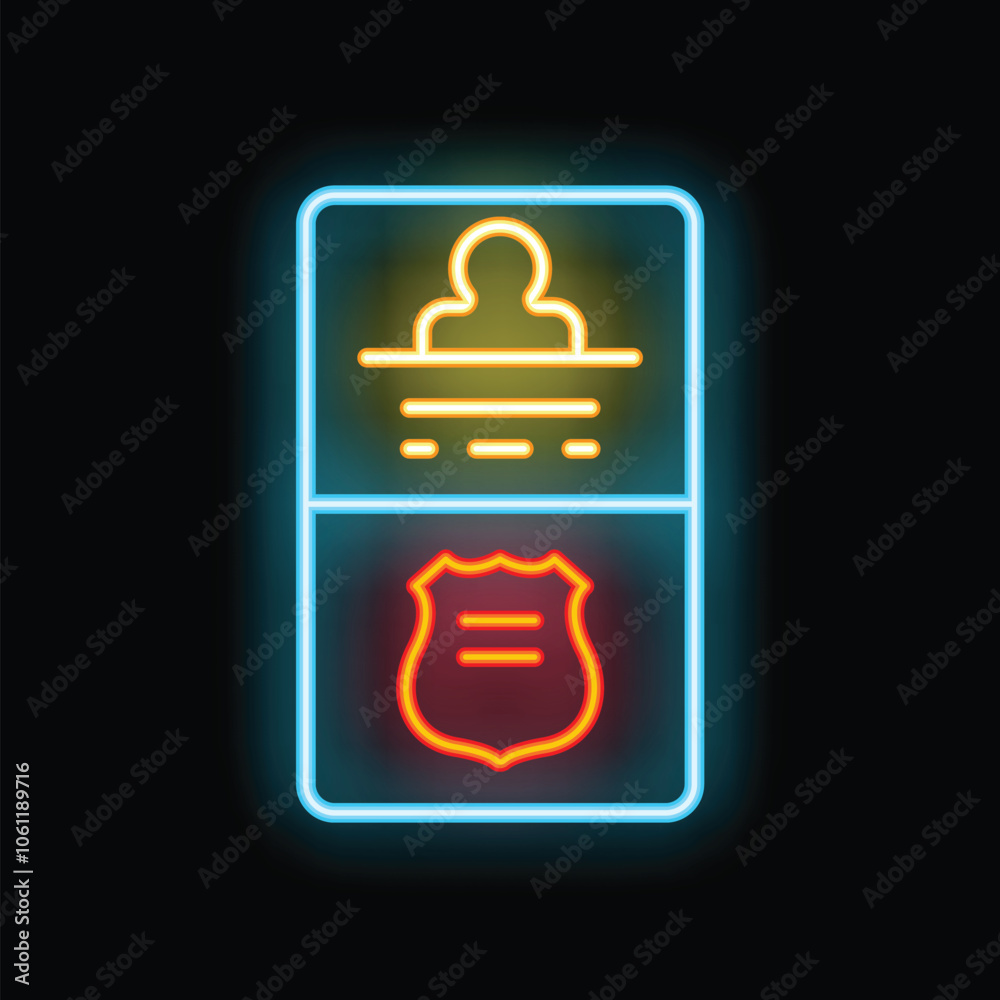 Neon glowing icon of a prisoner behind bars with a police badge ...