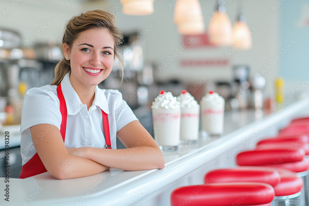 1950s Classic Diner Interior with Chrome and Red Leather Stools ...