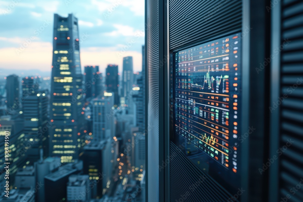 Futuristic cityscape view with data visualization displayed on an ...