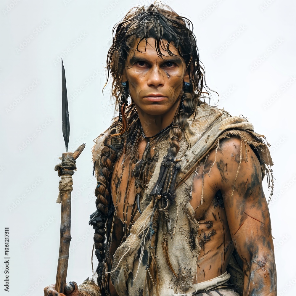A warrior with long hair and distinct facial markings holds a spear ...