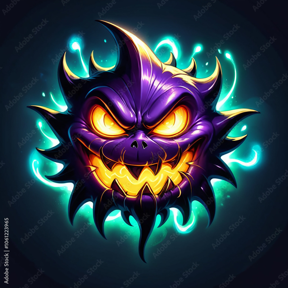 A digitally rendered image of a demons face with glowing yellow eyes ...