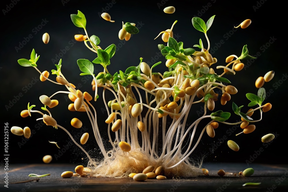 Panoramic Photography of Flying Soybean Sprouts on Black Background ...