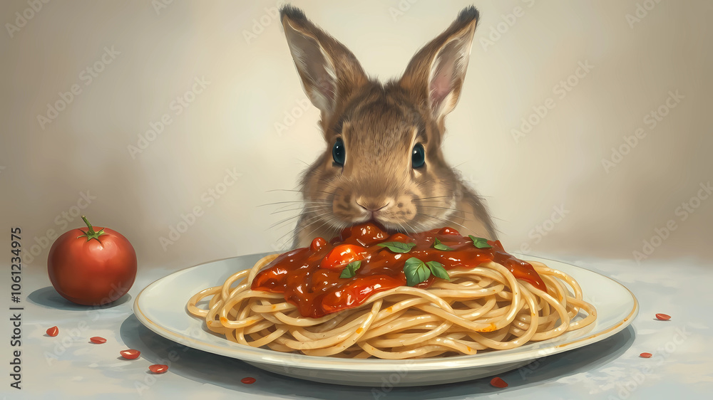 A cute tabby rabbit eating messy spaghetti with tomato sauce ...