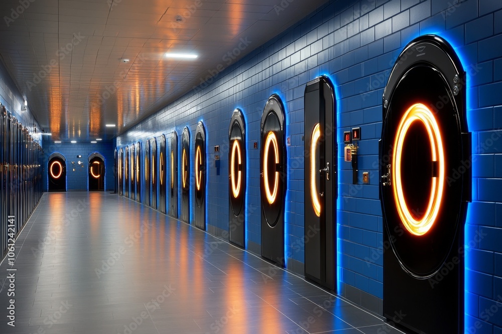 Cyberpunk-inspired prison cell with neon lights and digital security ...