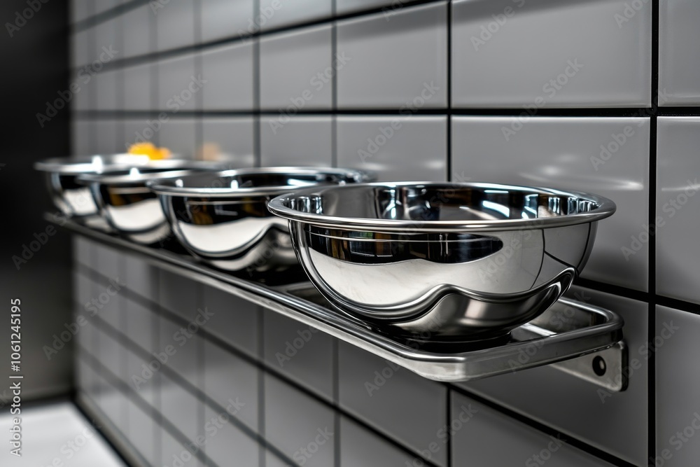 Inmates lining up for meals in a prison cafeteria, with metal trays and ...
