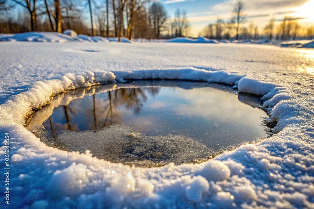 Frozen puddle of water with a thick layer of compacted snow on top ...