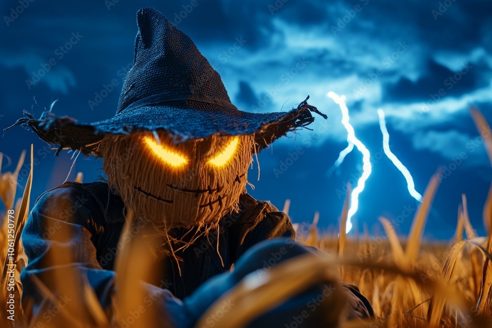 Scarecrow with ragged clothing and a stitched face, with dark clouds ...