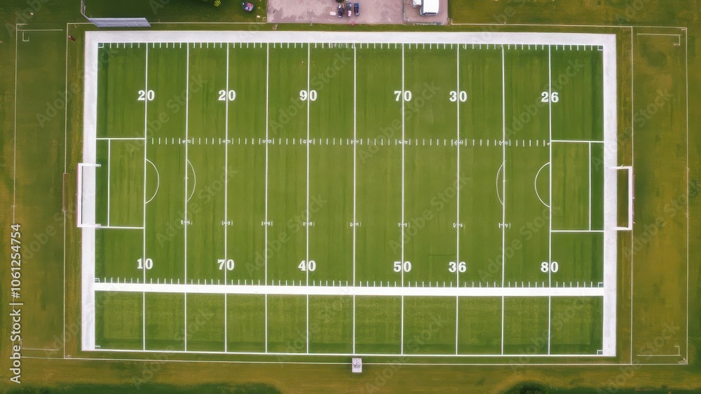 Aerial view of an American football field with white yard lines and ...