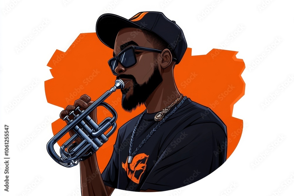 a 2D cartoon illustration of a jazz trumpet player improvising a solo ...