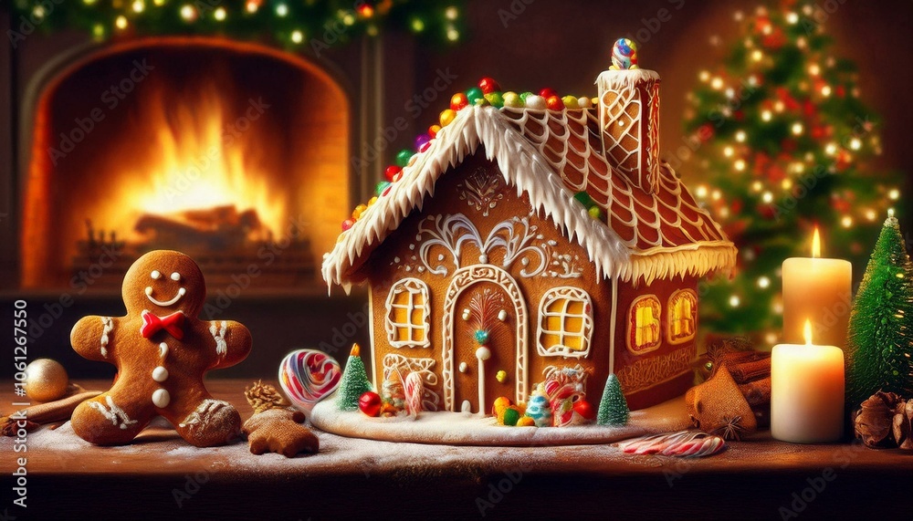 Christmas Gingerbread House with Gingerbread Man with Fireplace and ...
