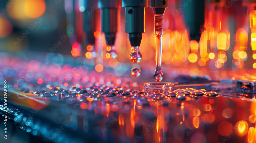 Detailed view of microfluidic device showcasing droplets being ...