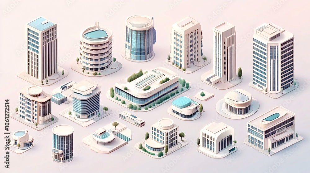 2410_027.modern commercial building set, stylized isometric ...