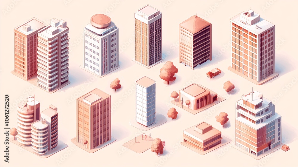 2410_027.modern commercial building set, stylized isometric ...