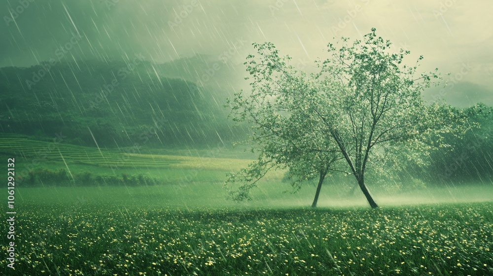 60.A rainstorm scene featuring a downpour over a vibrant green ...