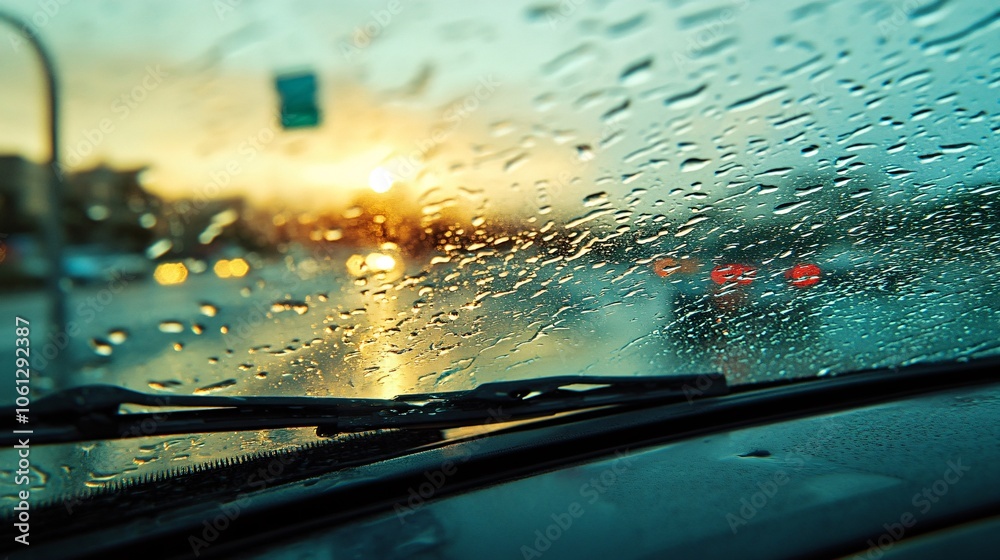 69.A car wiper in motion, wiping away water droplets from a windshield ...