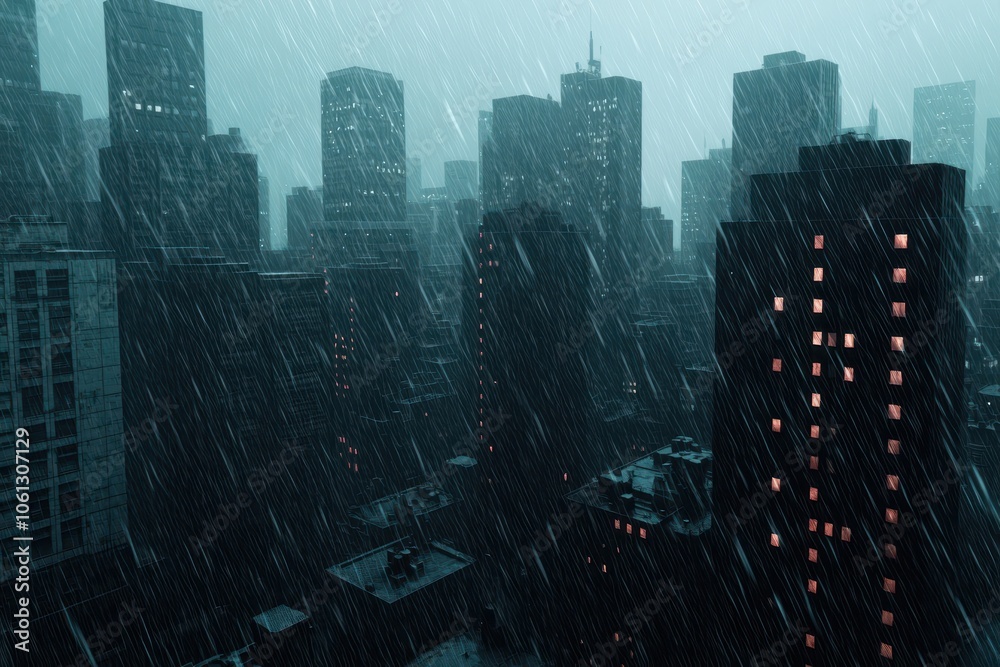 City skyline in heavy rain, illuminated windows against a dark, moody ...