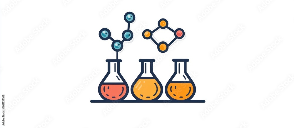 Line drawing of a chemistry lab set, beakers and molecular bonds ...