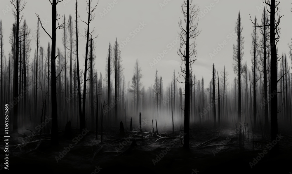 Black white burned forest aftermath stark, bare trees eerie silent ...