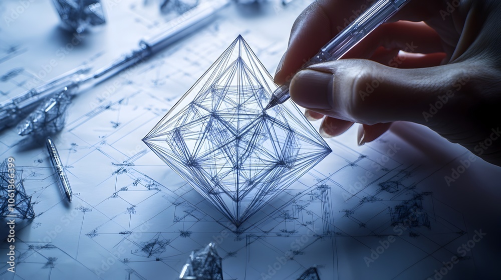 Precise Technical Drawings of Intricate Geometric Origami Schematics and Hypercube Patterns ...