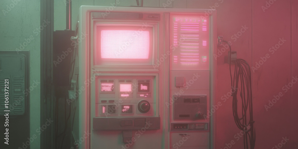 A retro style vending machine with glowing pink screen, set in dimly ...