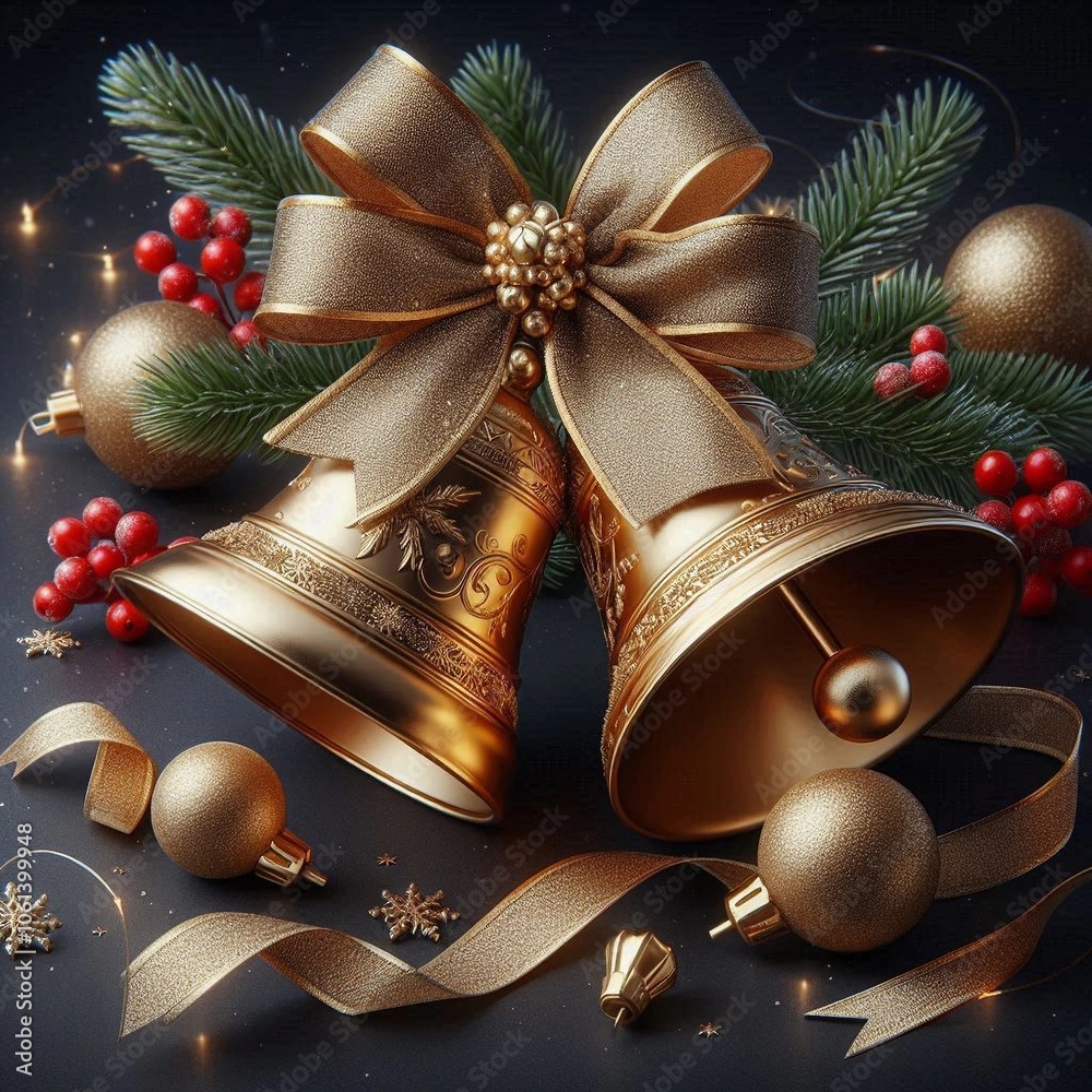 wallpaper of two realistic golden Christmas bells with decoration ...