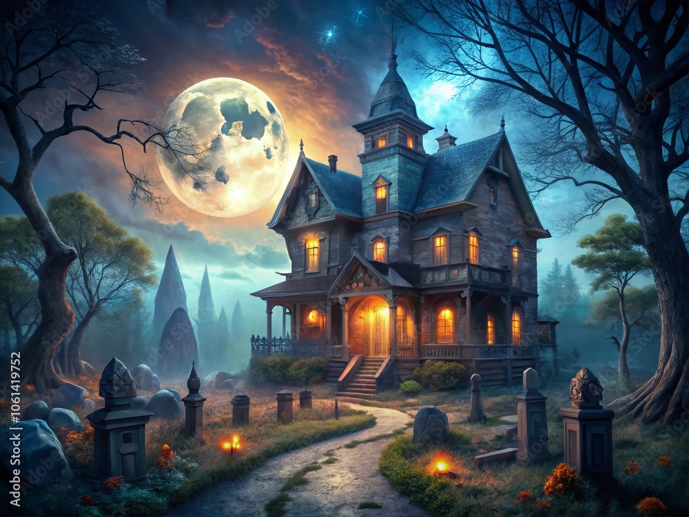 Haunted House on a Spooky Halloween Night - Eerie Architecture, Ghostly ...