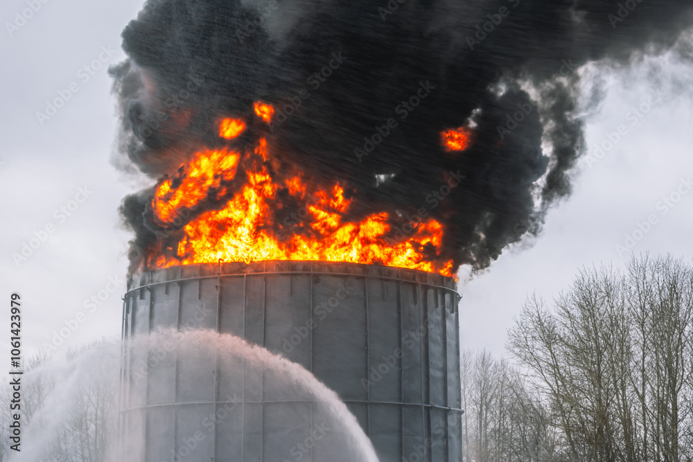 A fire at an oil refinery. The ignition of the oil storage tank ...