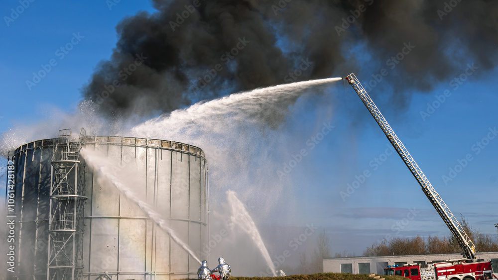 Firefighters extinguish an oil tank. The fire was extinguished with the ...