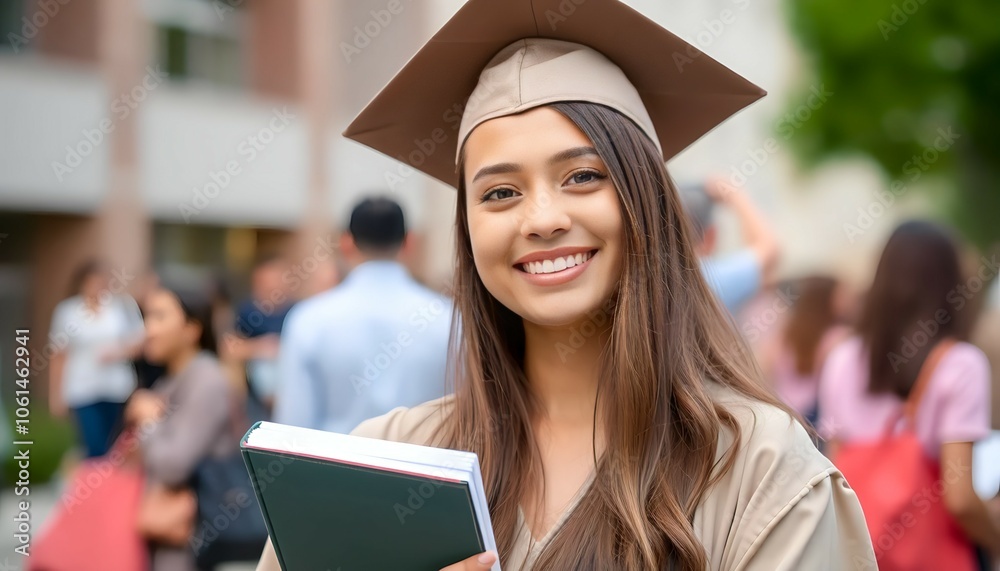 Smiling young female college student wearing cap and gown celebrating ...