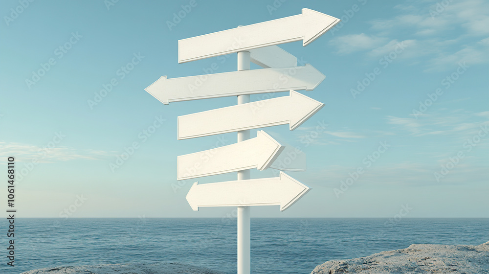 3D white blank road sign with six arrow signs pointing in different ...