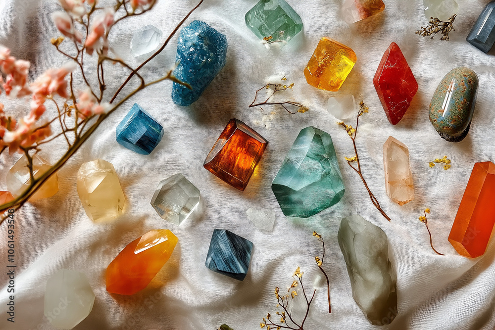 Collection of healing crystals displayed on a soft cloth, each ...