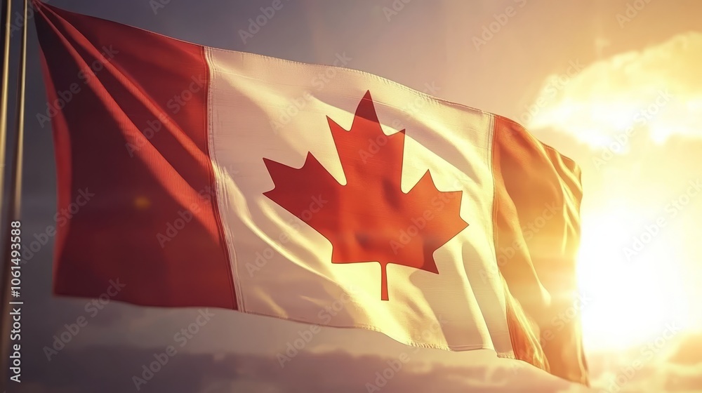 Magnificent display of the canadian flag waving against stunning sky ...