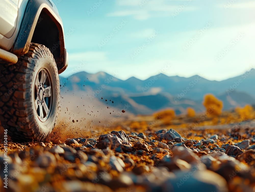 Offroad truck navigating rocky terrain under harsh midday sunlight ...