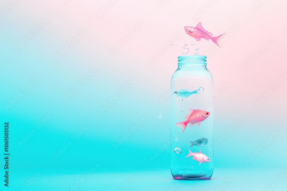 Plastic bottle morphing into fish, surrealism, soft blue and pink ...