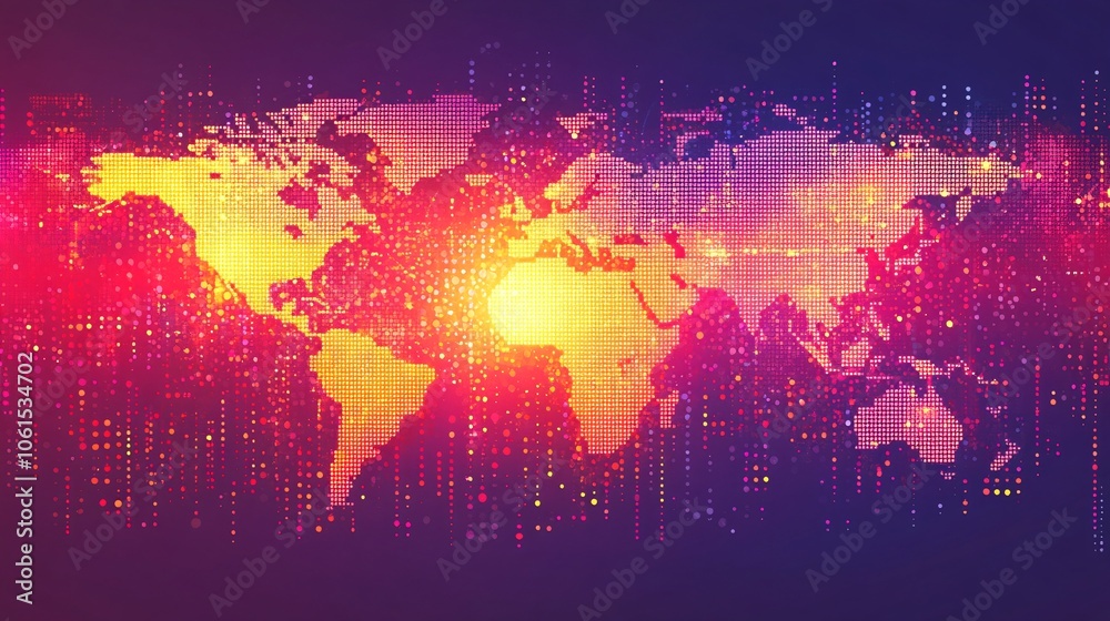 Digital world map with overlaid stock market performance data and ...