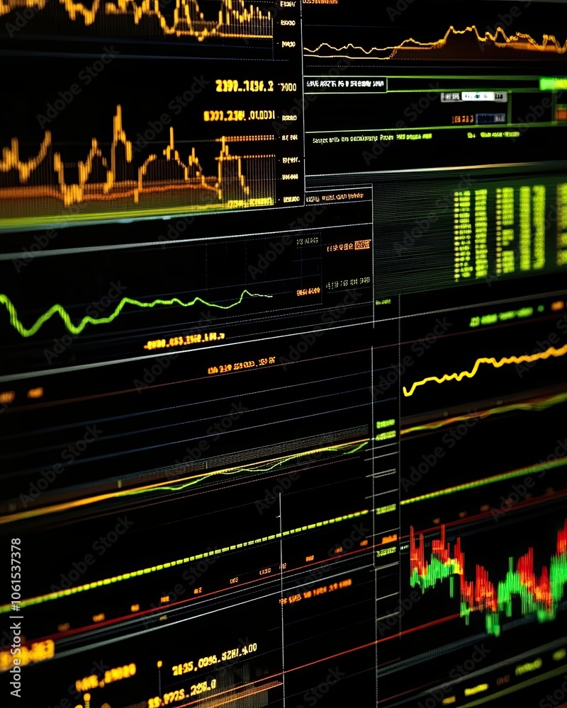 Stock market tickers with charts and graphs. Digital animation of stock ...