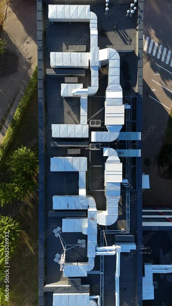 Aerial View of Industrial Rooftop HVAC Ductwork System. Top-down view ...