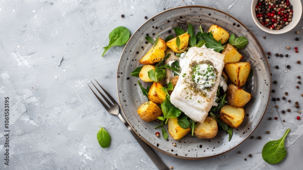 A plate of baked cod fish with roasted potatoes and spinach, topped ...
