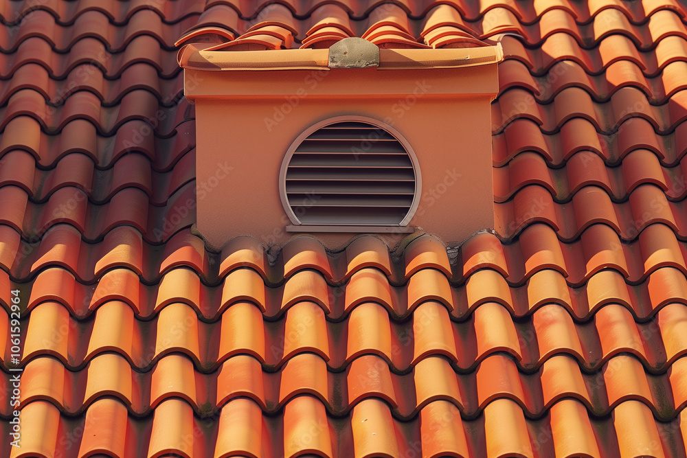 Sloped red clay tile roof with round beaver tail edge. black metal ...